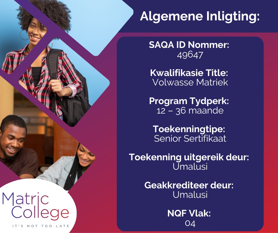 Beskikbare Volwasse Matriek Programme - Matric College